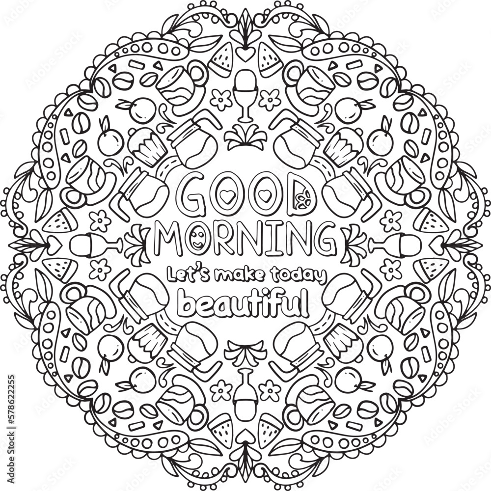 Good Morning with mandala art, coffee, breakfast, and flower elements ...