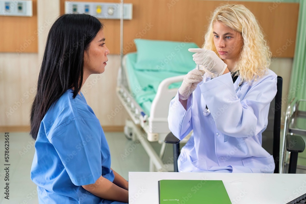 Young woman consult with doctor for botulinum toxin botox face ...