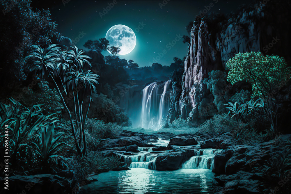Waterfall at night in the jungle with a full moon in the sky ...