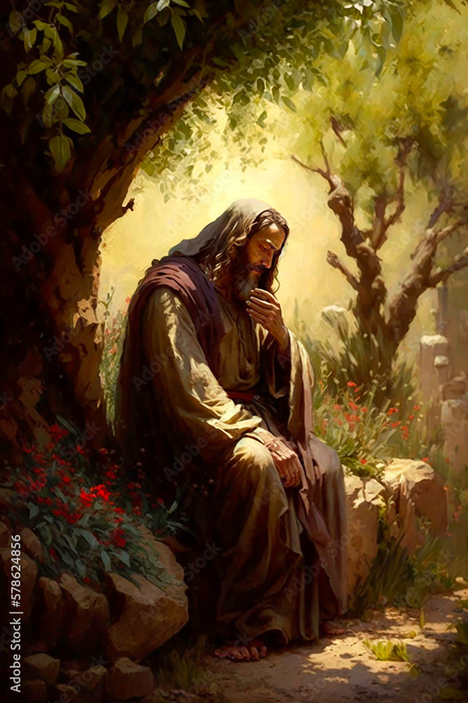 Jesus Christ praying in the garden of olive. AI generativ. Stock ...