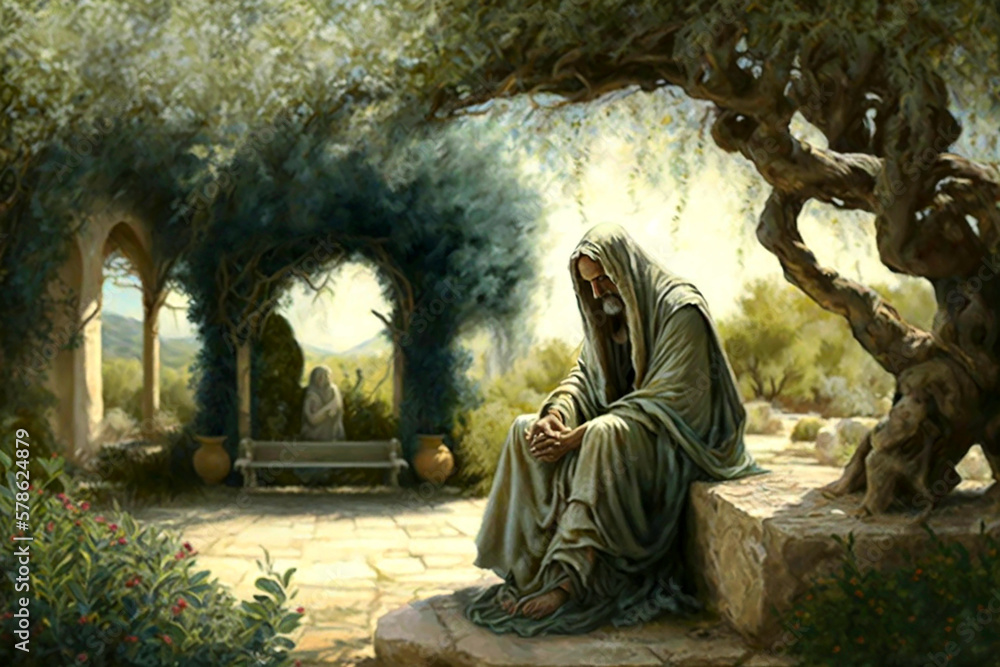 Jesus Christ praying in the garden of olive. AI generativ. Stock ...