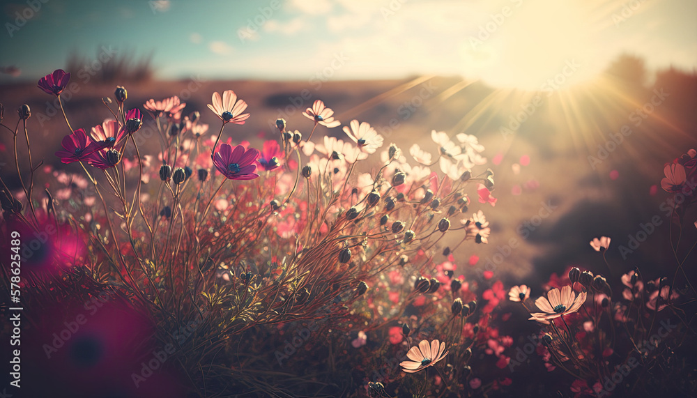 Elegant Vintage landscape nature background of beautiful cosmos flower field on sky with ...