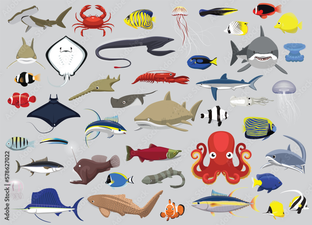 Poster Animal Fishes Sea Creatures Characters Cartoon Vector – Wall Art ...