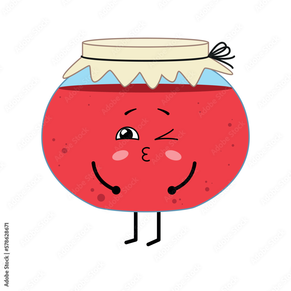 Cute kawaii jar of jam. Cartoon character red jam. Vector illustration ...