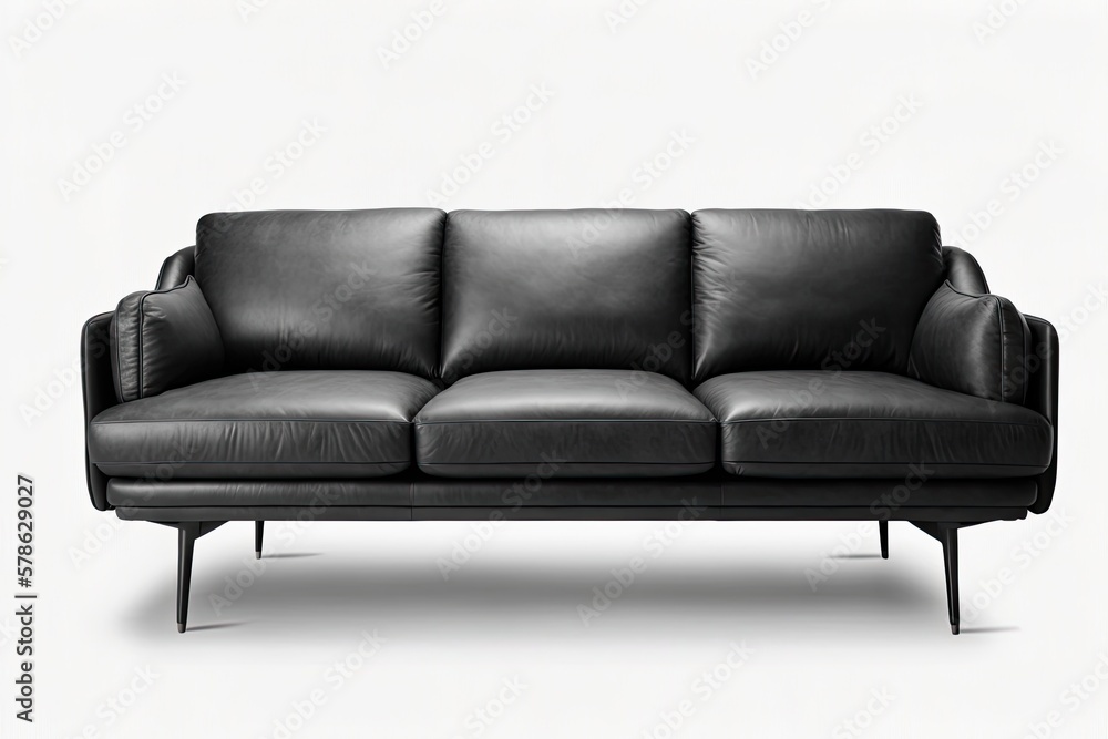 Three seat contemporary sofa. Couch in black leather and metal legs on a white background ...