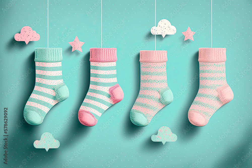 Baby socks hanging on a clothesline. Baby shower concept. Generative AI ...