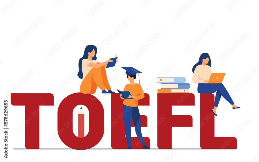 TOEFL banner with character and TOEFL text best illustration for TOEFL ...