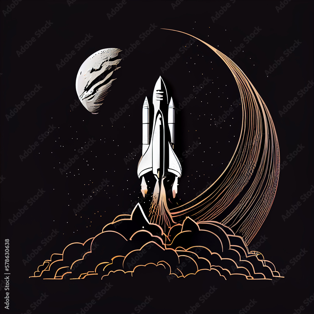 Rocket launch, graphic contour line drawing of rocket taking off into ...