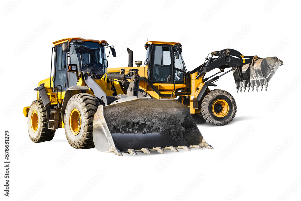 Two heavy front loaders or bulldozers on a white isolated background ...
