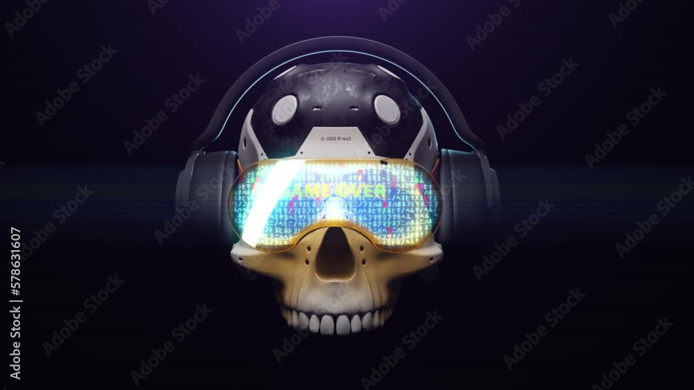 Stylized human skull with holographic title "Game over" video game ...