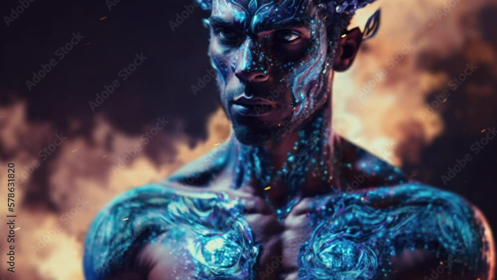 A man with blue paint on his body and face and chest with a demon like ...