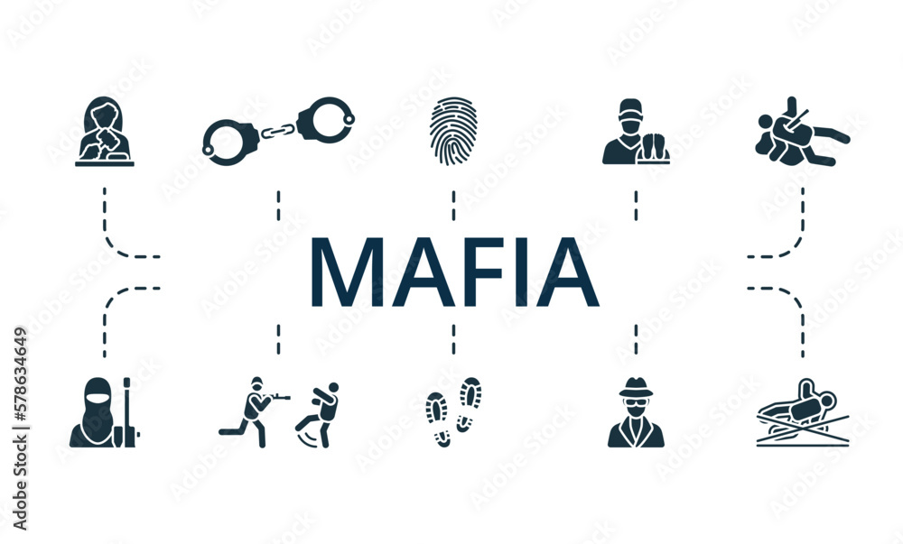Mafia set. Creative icons: judge, handcuffs, fingerprint, coroner ...