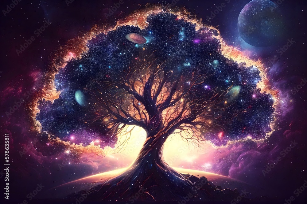 Cosmic nebula growing gigantic tree, growing on asteroid, universe ...