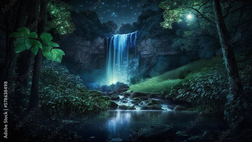Starry Night Over Majestic Waterfall Amidst Lush Greenery. Nature’s ...