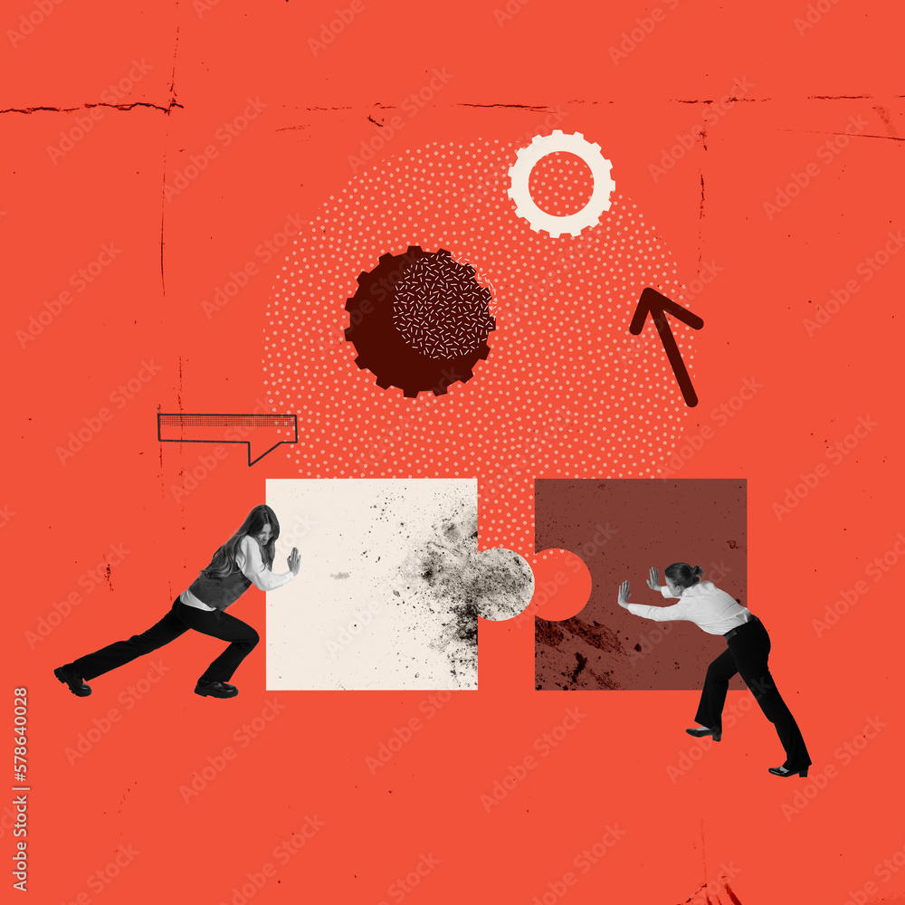 Teamwork. Contemporary art collage. Conceptual design. Two women ...