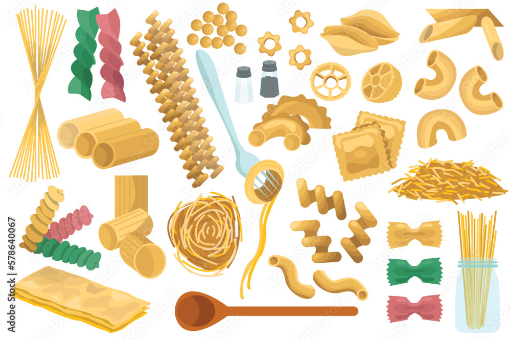 Pasta products set icons concept without people scene in the flat ...