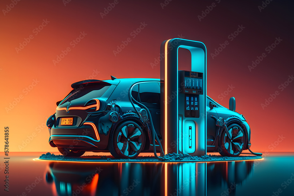 Electric car at charging station with blue and red glowing on dark ...