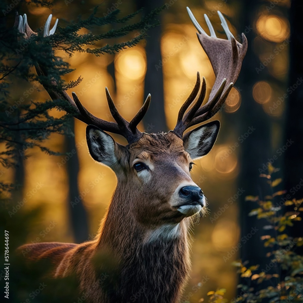 Cervo na floresta, detalhes do rosto e dos chifres, luz natural, hora ...