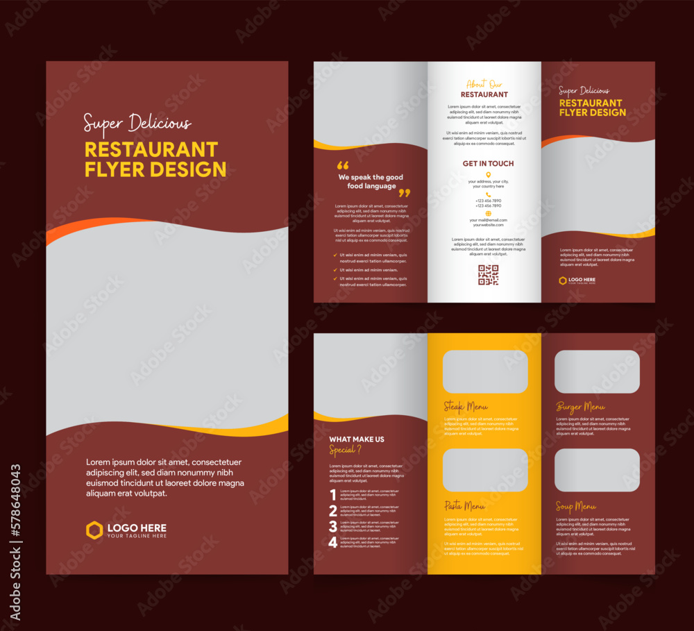 Modern food tri-fold brochure and menu design template. Tri-fold ...