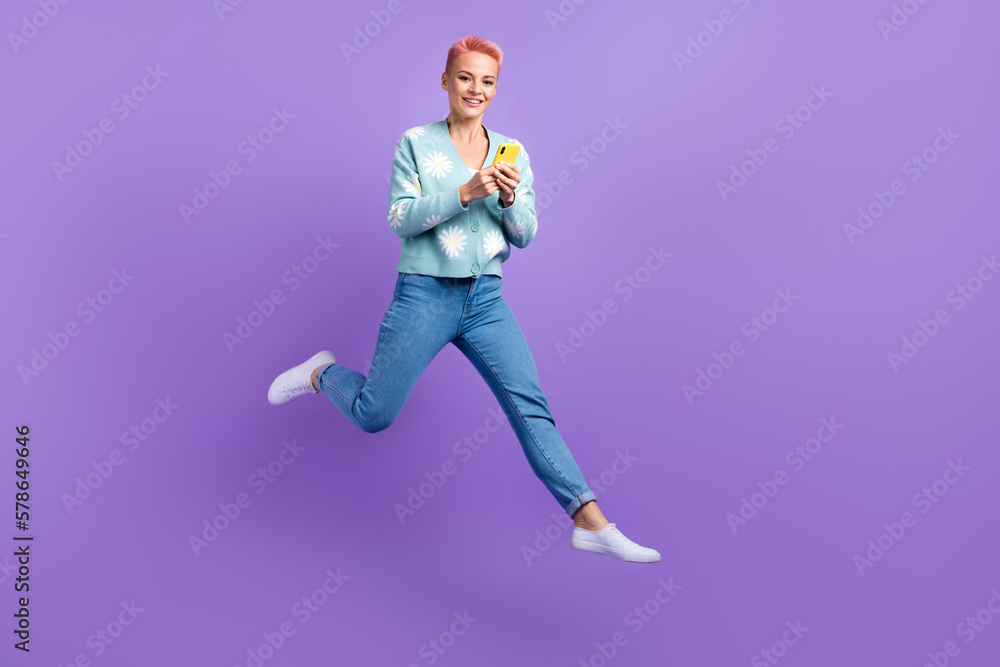 Full length size photo of active jumping woman carefree new samsung ...
