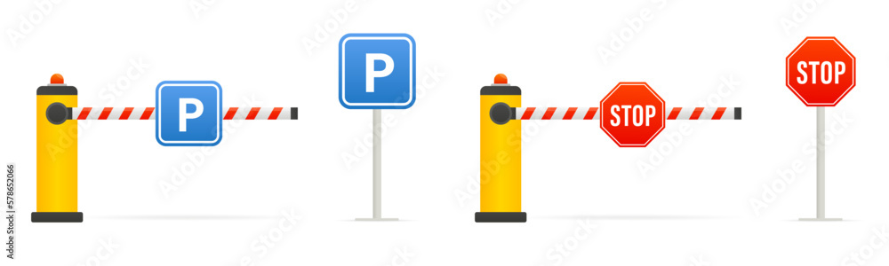 Closed and open car barriers. Parking barrier gate sign. Barricade with ...