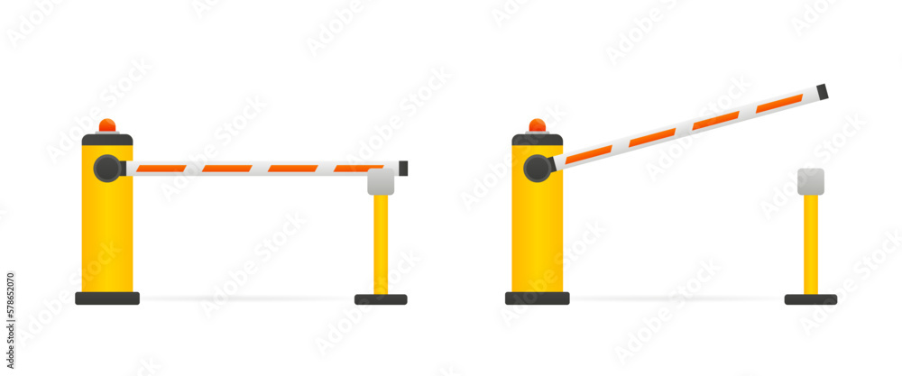 Open, closed barrier parking gate set with stop sign isolated on white ...