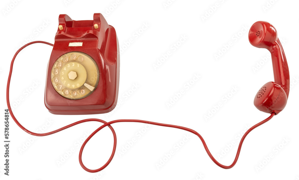 Old red rotary dial telephone with handset and cord, cut out Stock ...