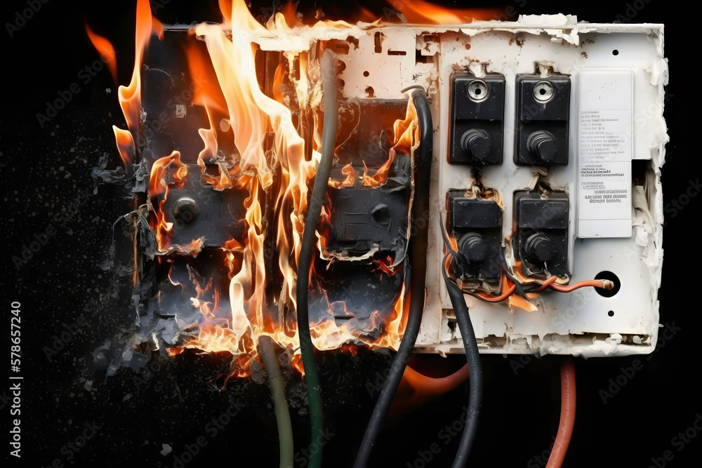 Burning switchboard from overload or short circuit on wall. Circuit ...