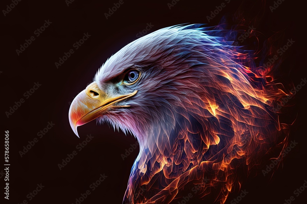 A bald eagle burning on fire of different colors. Concept: fierce of ...