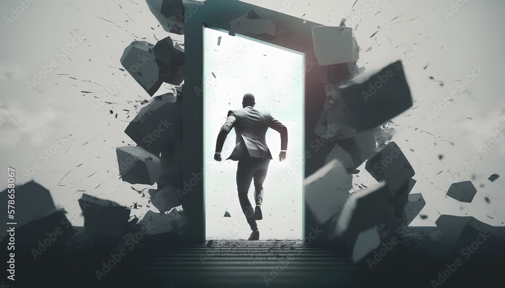 Determined and steadfast business person running through exploding ...