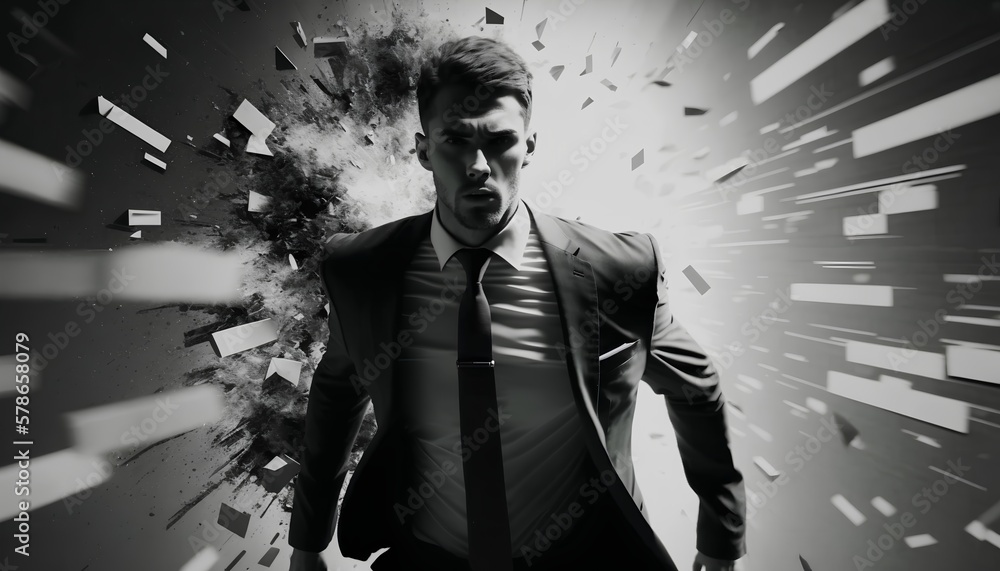 Determined and steadfast business person running through exploding ...