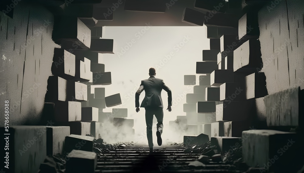 Determined and steadfast business person running through exploding ...