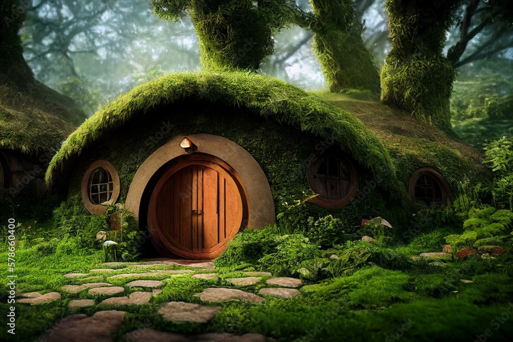 Hobbit house with overgrown roof in fantasy forest. Generative AI Stock ...