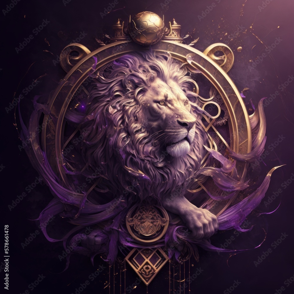 Stunning Astrological Symbol of Leo with Royal Purple and Gold Lion ...