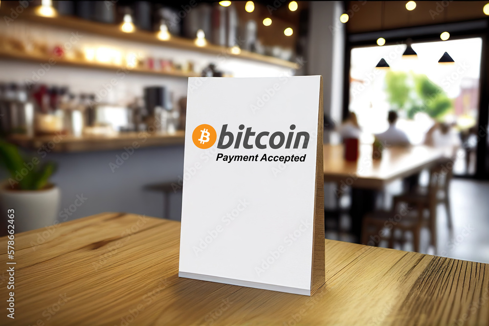 Text "Bitcoin Payment Accepted" on white poster, banner, stand mockup ...