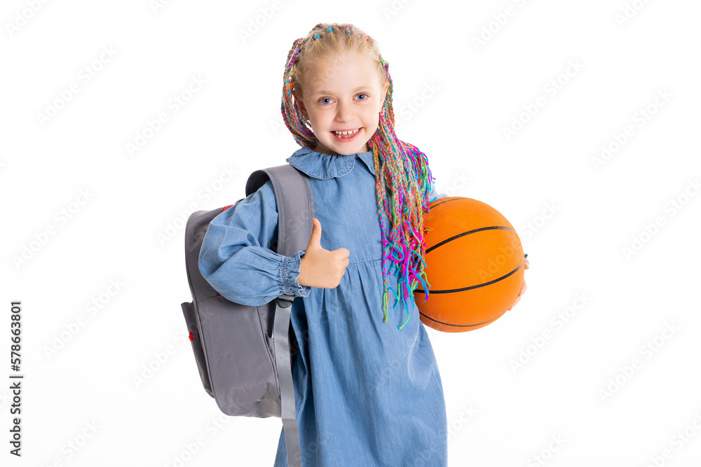 Delightful small pupil student with colorful braids shows thumb up ...