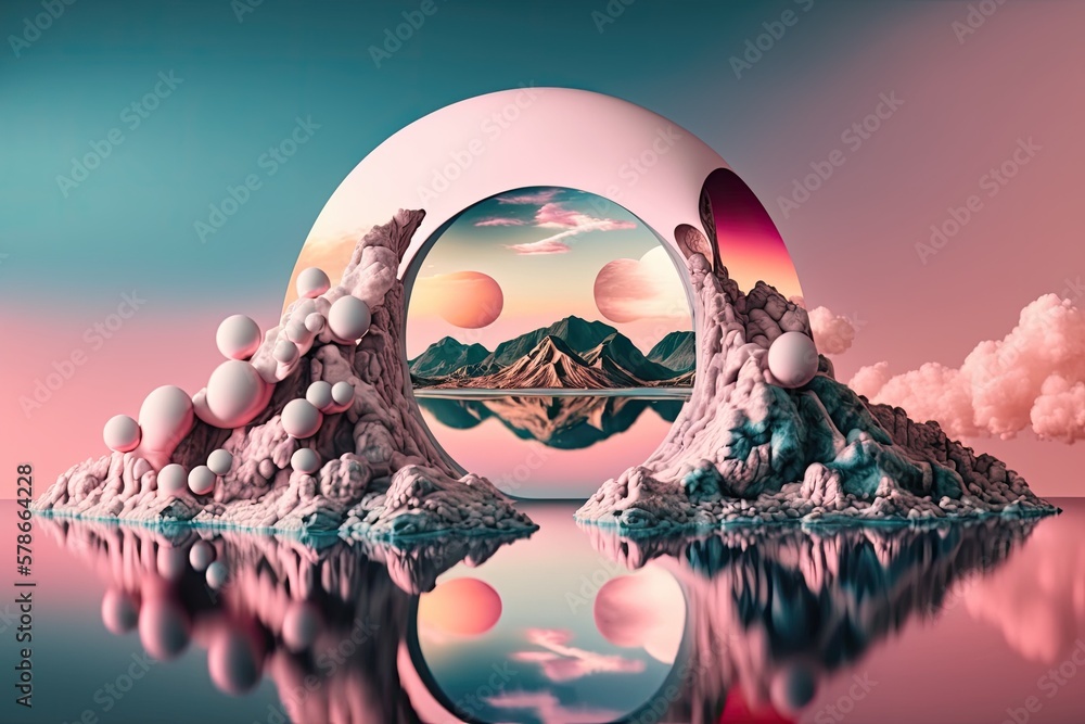 abstract panoramic backdrop. Water, pebbles, a spherical mirror, an ...