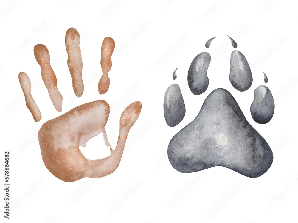 Watercolor illustration. Hand painted brown handprint of man palm and ...