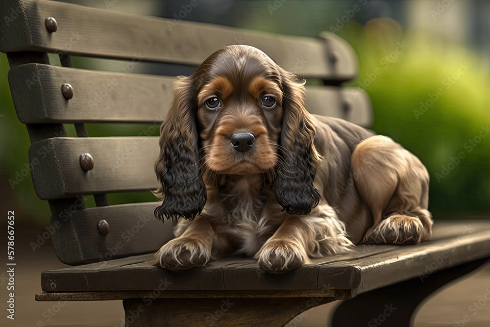 Puppy English Cocker Spaniel resting on a park bench. Generative AI ...