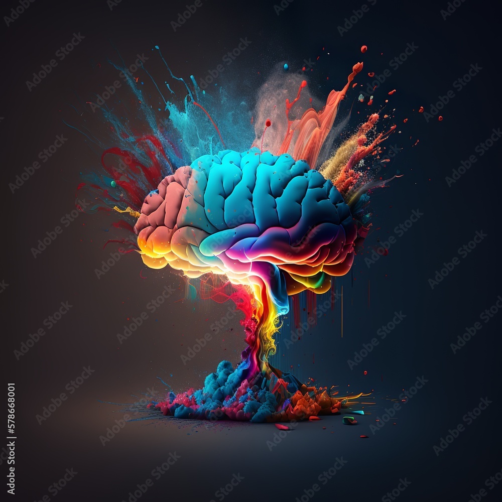 a brain bursting out in colorful particles of creativity, canvas splatter powder black white ...