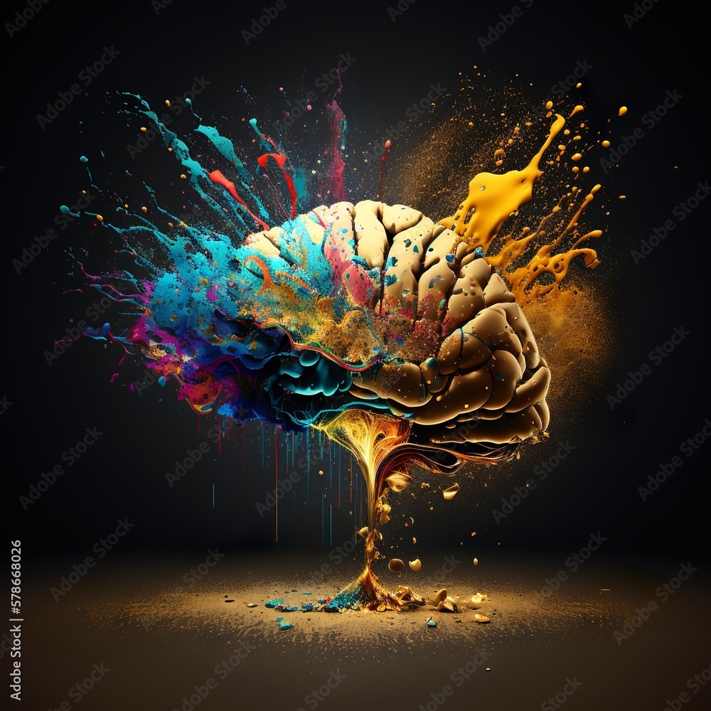 a brain bursting out in colorful particles of creativity with golden ...