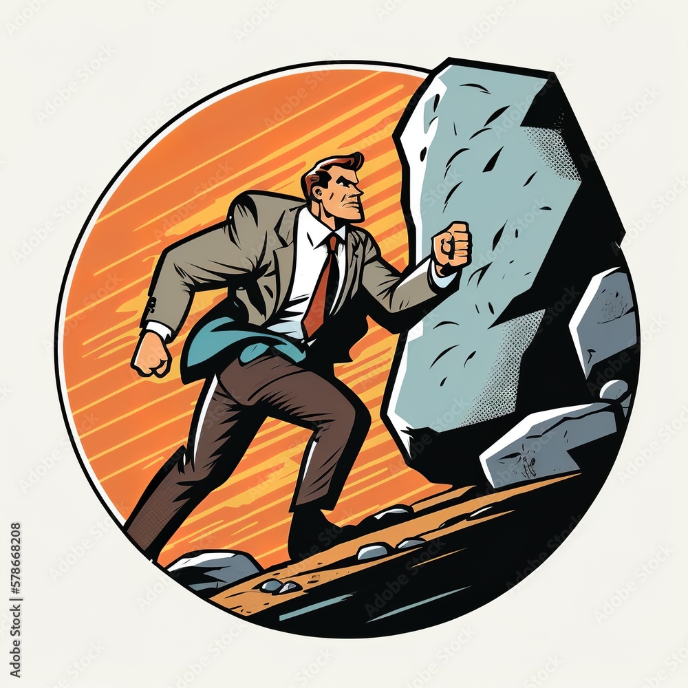Businessman pushing rock uphill pop art PNG illustration with ... Businessman pushing rock uphill pop art PNG illustration with ...