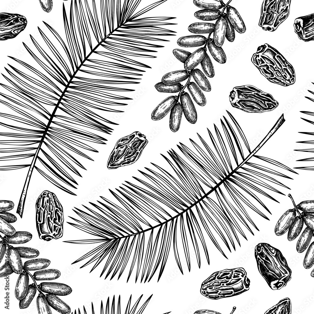 Vector dates seamless pattern. Palm leaves and dried fruits ...