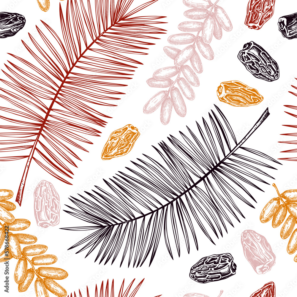 Vector dates seamless pattern. Palm leaves and dried fruits ...