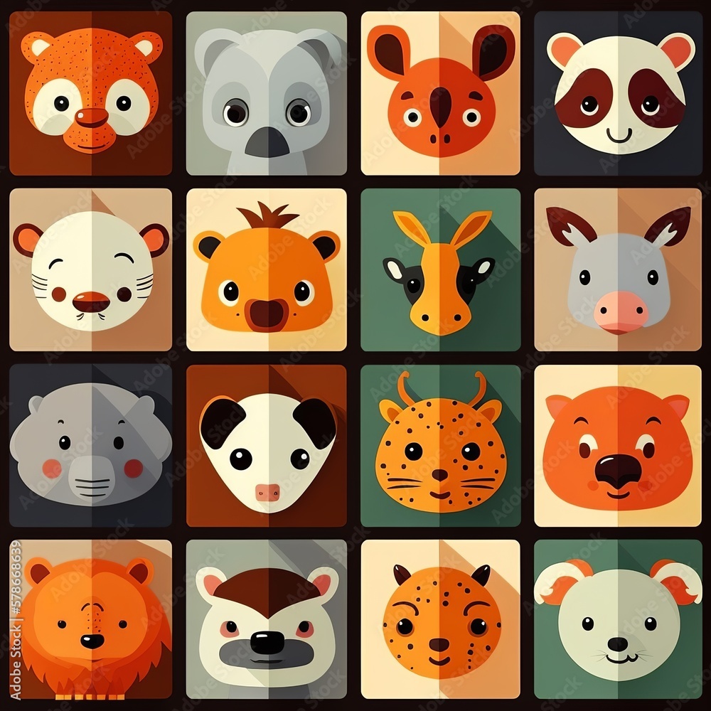 Cute wild jungle animal faces in square blocks vector Set includes a ...