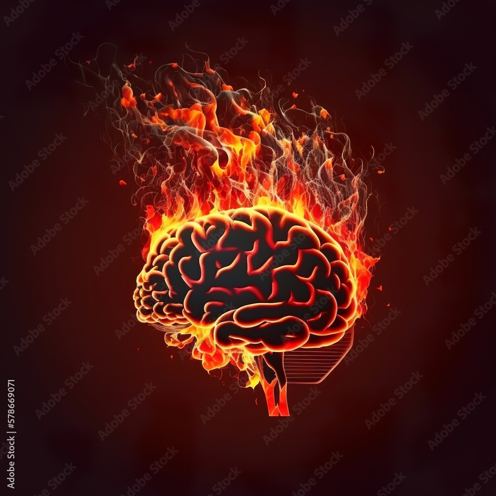 The human brain is red-hot from high mental activity, hot fire smokes ...