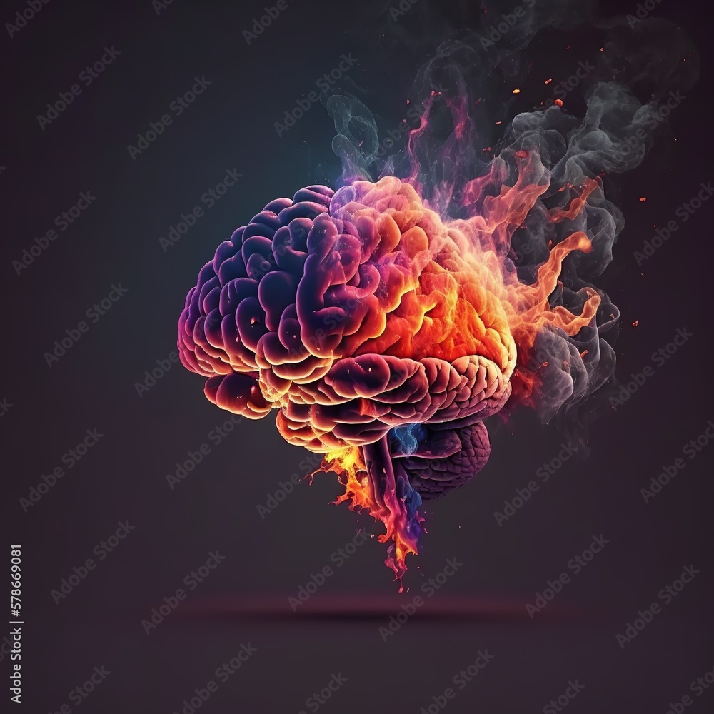 The human brain is red-hot from high mental activity, hot fire smokes ...