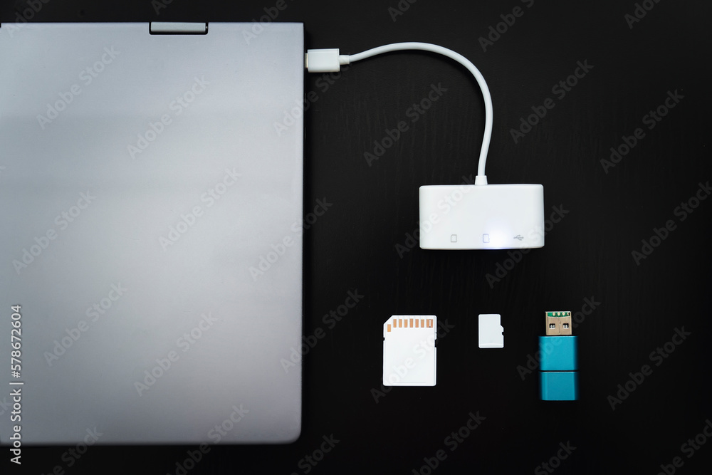 Laptop with USB Type-C adapter with pluged USB cables and SD card on ...