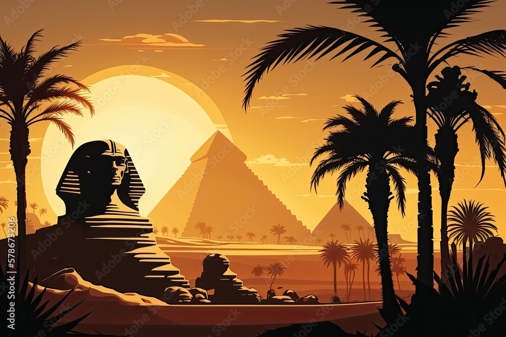 Nile valley sunset with pyramids, the Great Sphinx, and palm tree ...