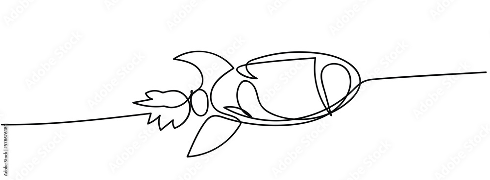One continuous line drawing of simple retro spacecraft flying up to the ...
